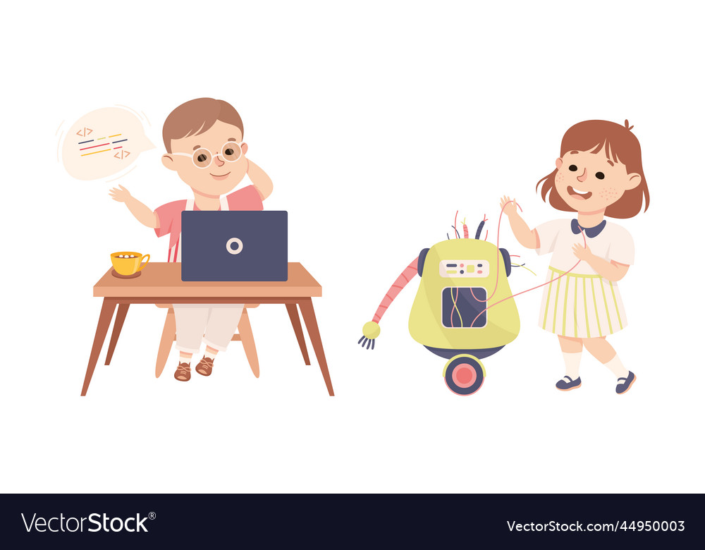 Little boy and girl assembling robot engineering Vector Image