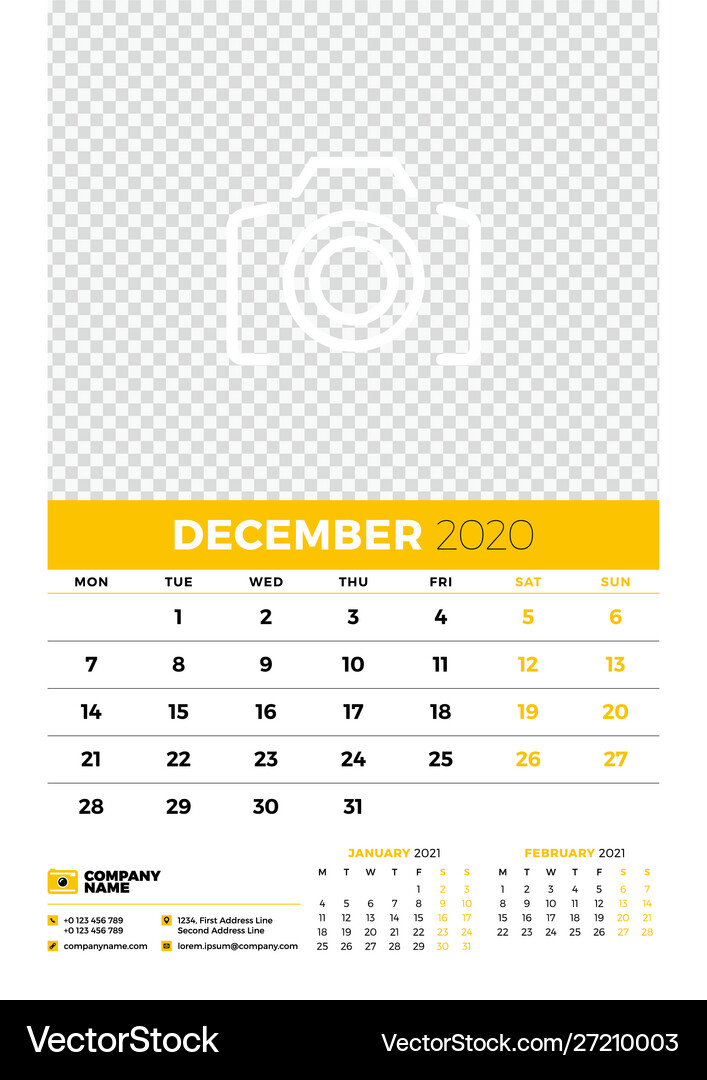 Wall calendar planner template for december 2020 Vector Image