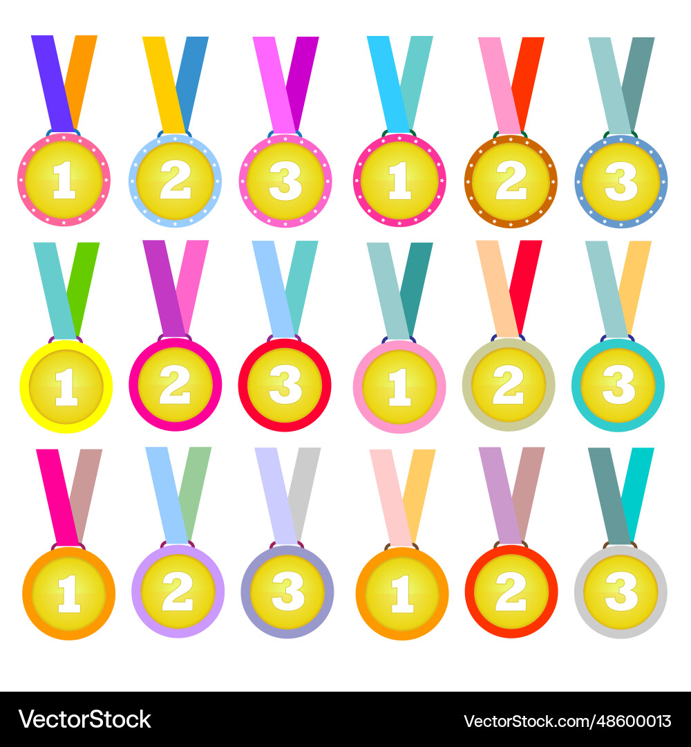 Brightly colored gold medal award set Royalty Free Vector