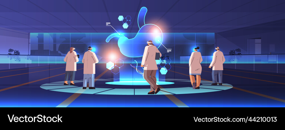 Doctors in digital glasses looking at virtual Vector Image