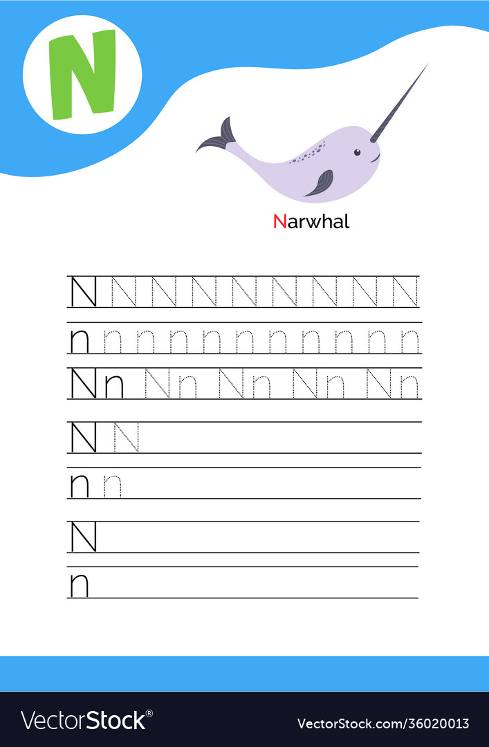 Letter n with a picture narwhal and seven Vector Image