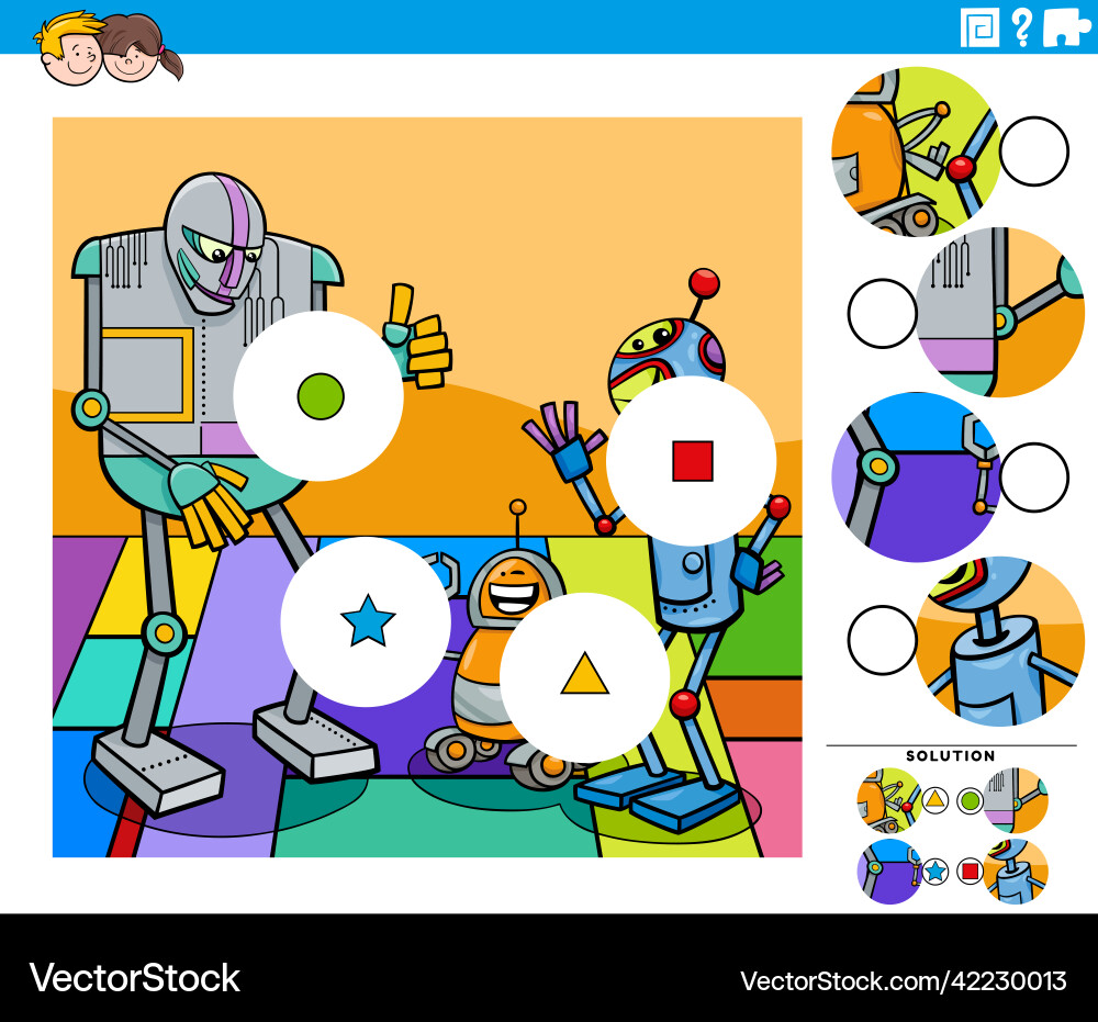 Match pieces game with cartoon robot characters Vector Image