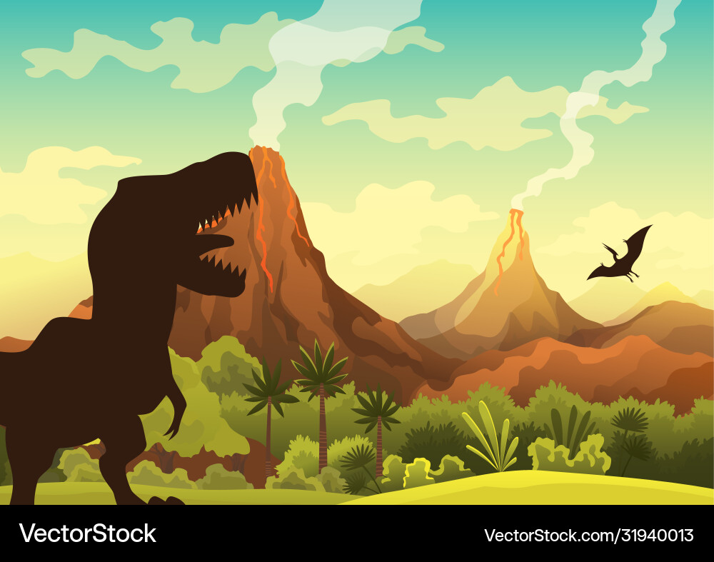 Prehistoric landscape - volcano with smoke Vector Image