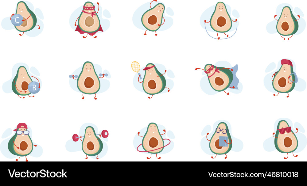 Cartoon avocado icons collection Royalty Free Vector Image