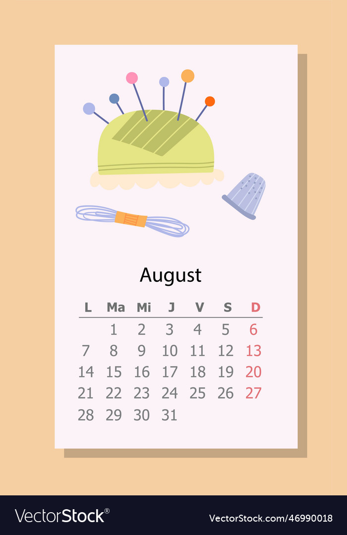 Needlework calendar august 2023 Royalty Free Vector Image Needlework calendar august 2023 Royalty Free Vector Image