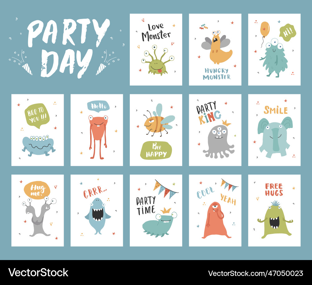 Cute monsters cards set cartoon Royalty Free Vector Image