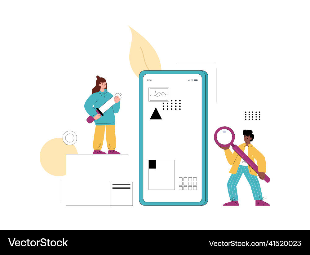 Ux design process female character holding pencil Vector Image