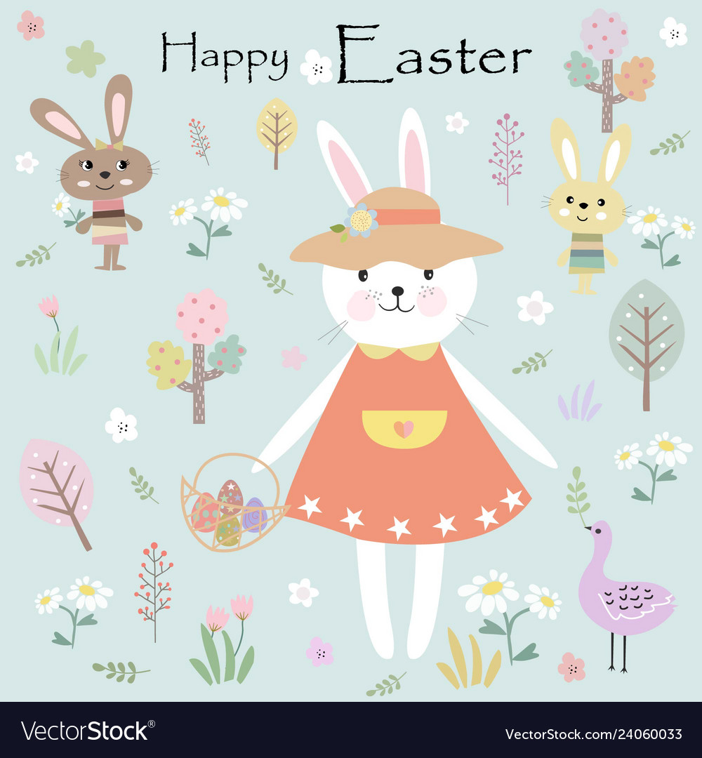 Cute cartoon rabbit bunny wear dress happy Vector Image