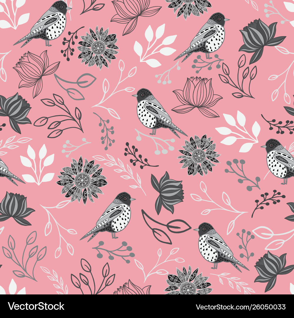 Line art birds and flowers seamless pattern Vector Image