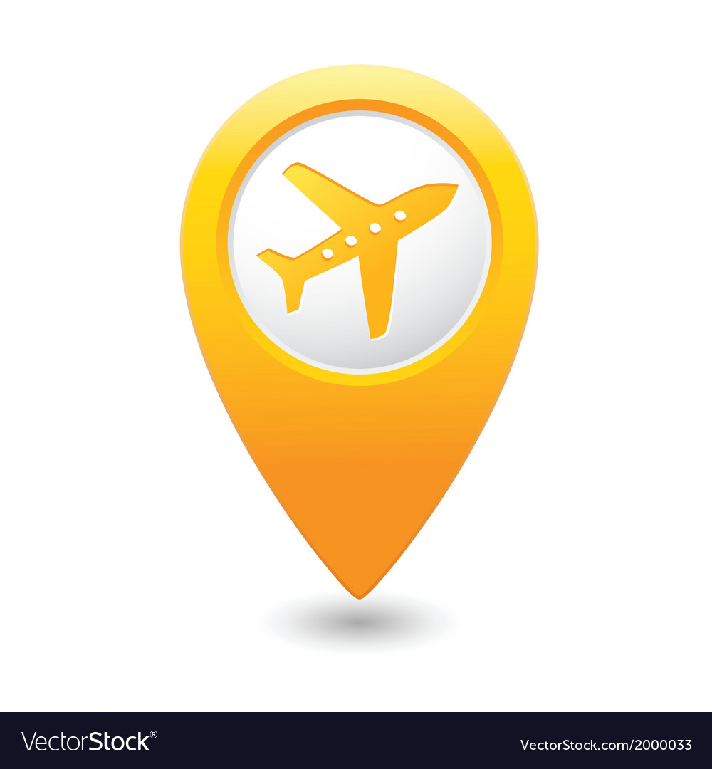 Plane icon on map pointer yellow Royalty Free Vector Image