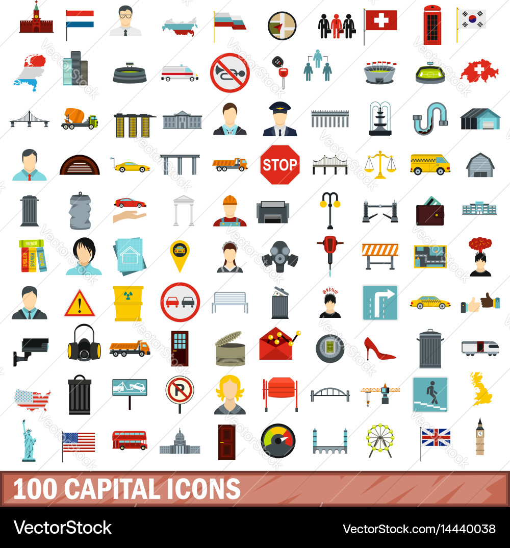 100 capital icons set flat style Royalty Free Vector Image