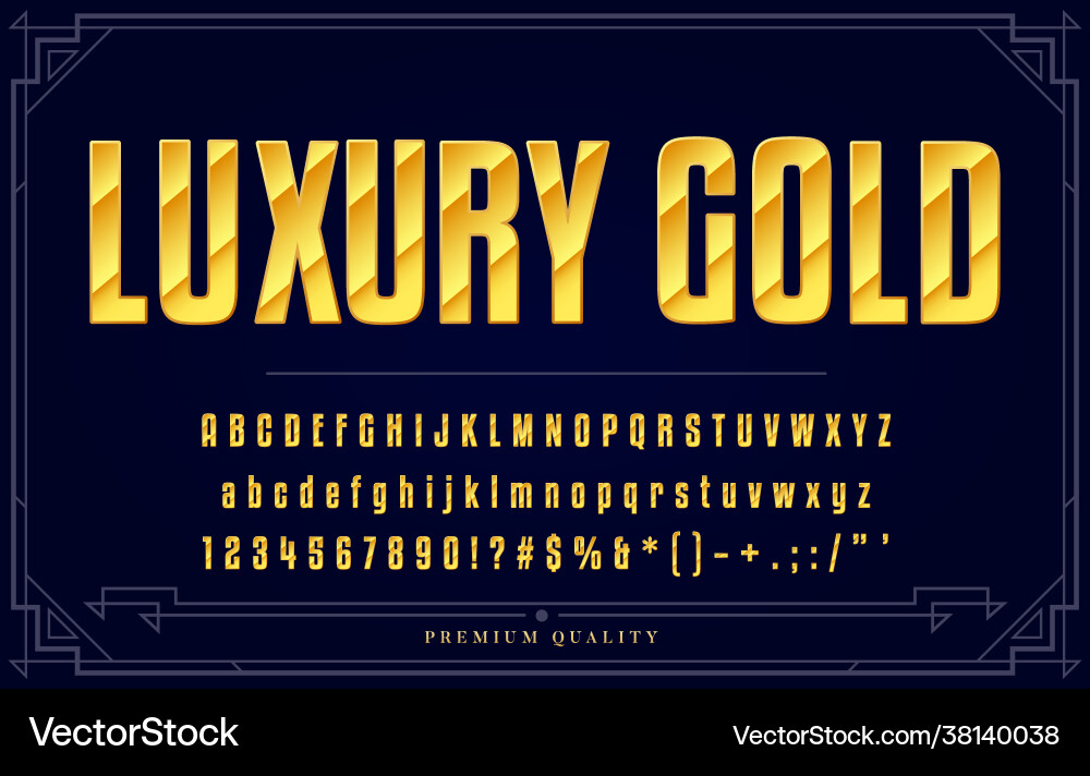 Gold metallic font set letters numbers Royalty Free Vector