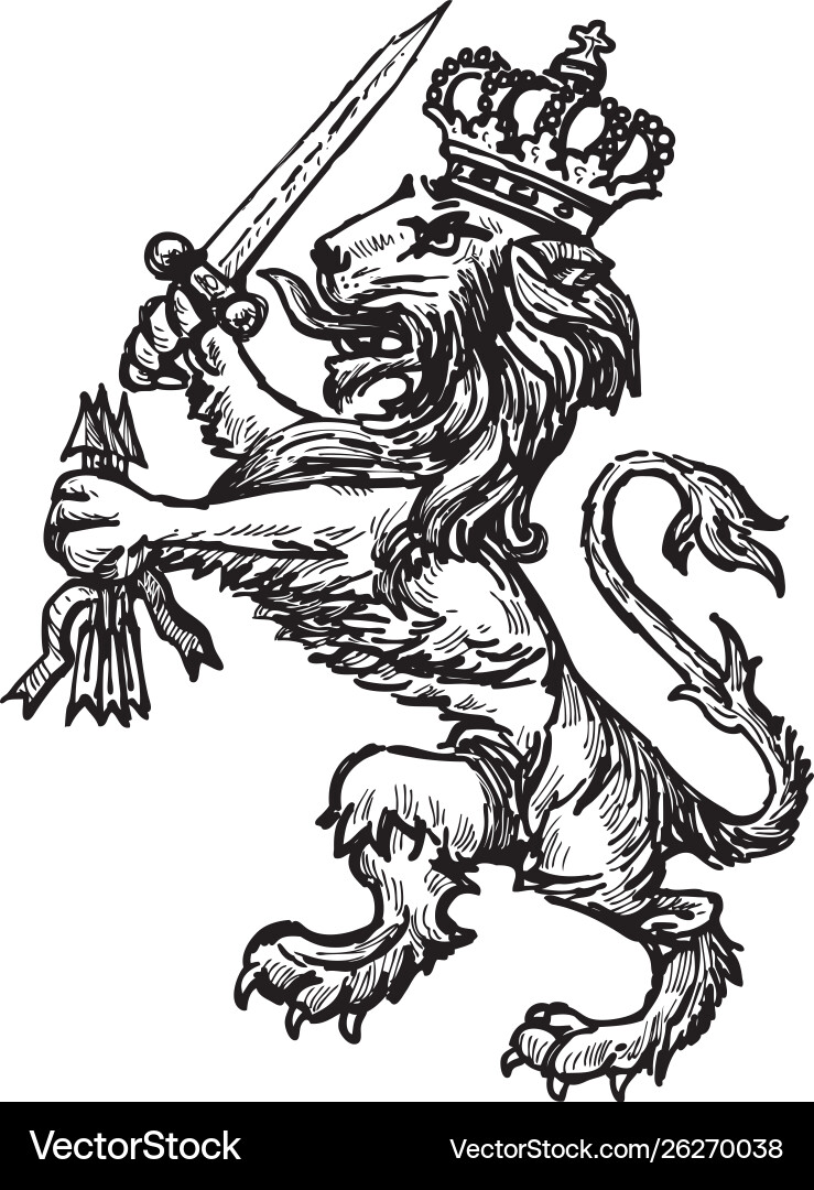 Hand drawing a heraldic lion with a sword Vector Image