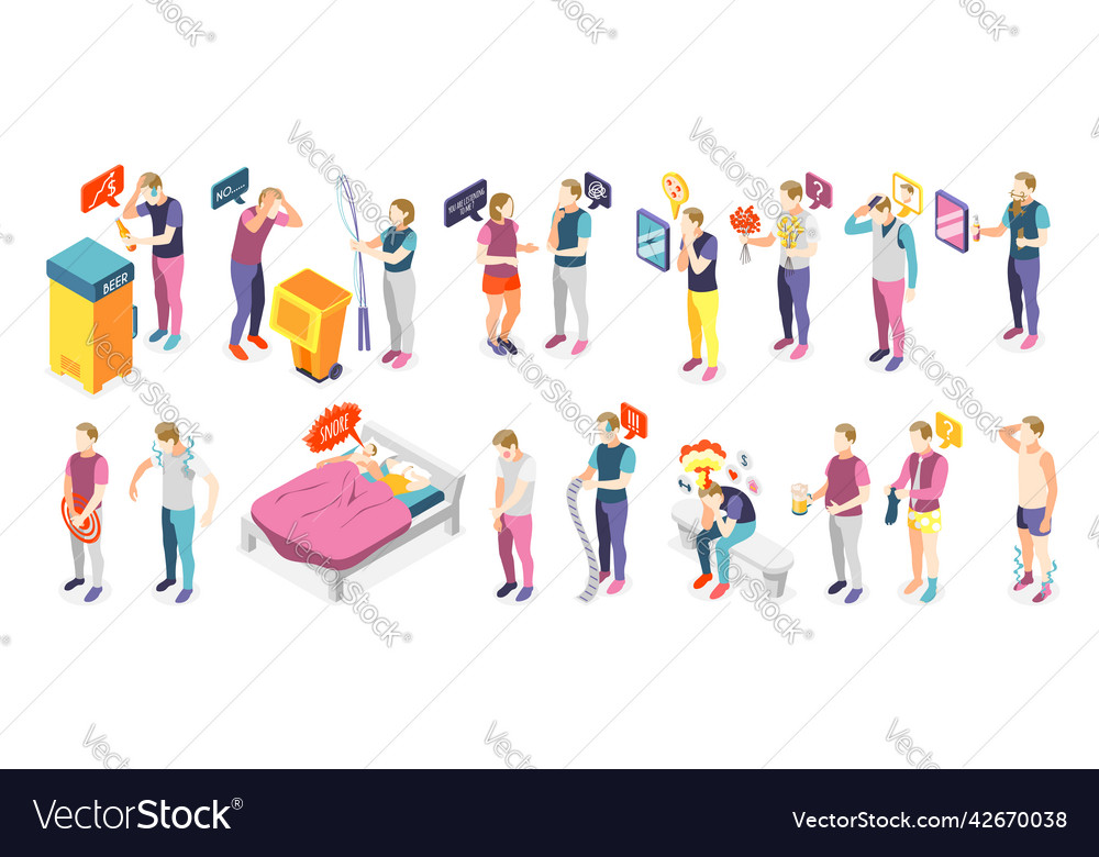 Men problems isometric set Royalty Free Vector Image