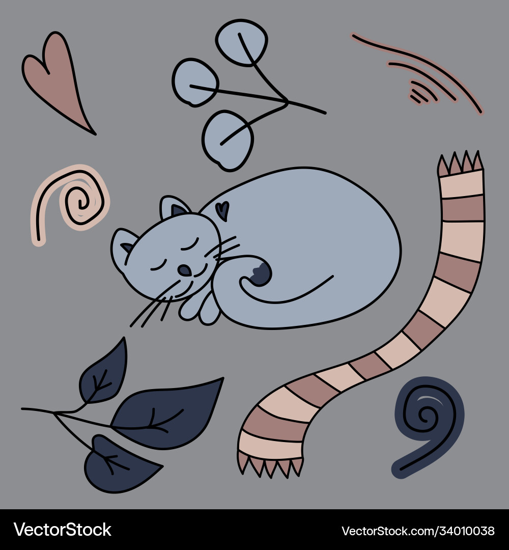 Sleeping cat and striped scarf doodle cute Vector Image