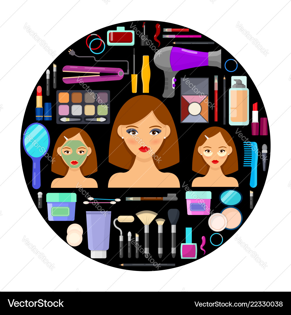 Tools for makeup and beauty on black background Vector Image