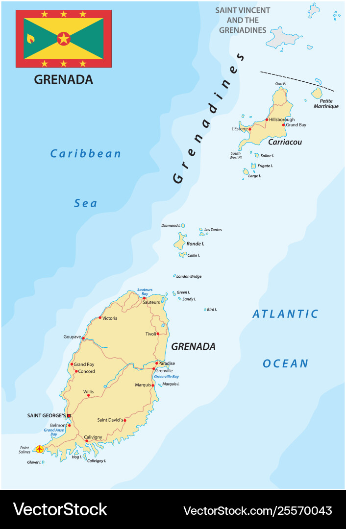 Grenada road map with flag Royalty Free Vector Image