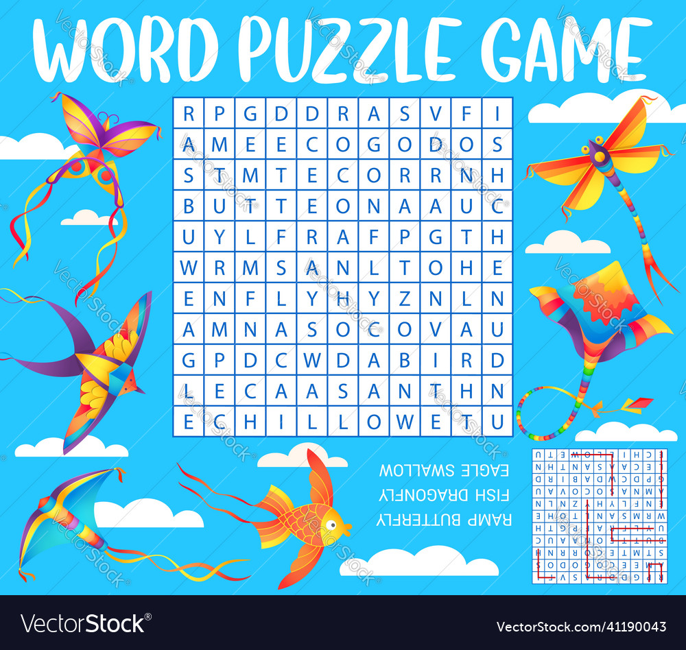 Kites in sky word search puzzle game worksheet Vector Image