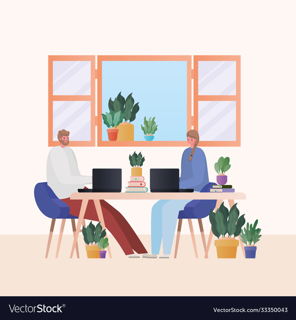 Man and woman with laptop working on table Vector Image