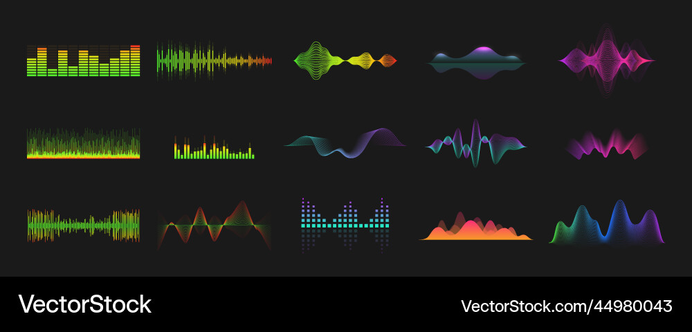 Sound and audio equalizer waves neon light icons Vector Image