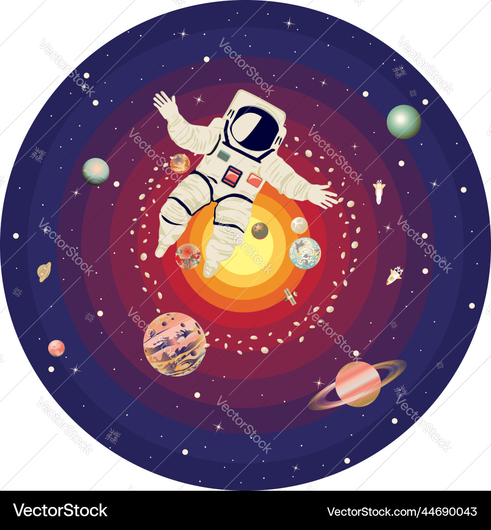 Spaceman flying among stars and planets Royalty Free Vector