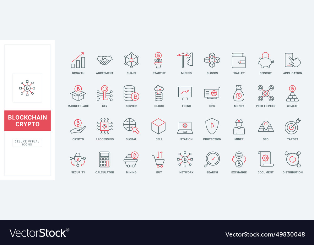 Blockchain thin black and red line icons set Vector Image