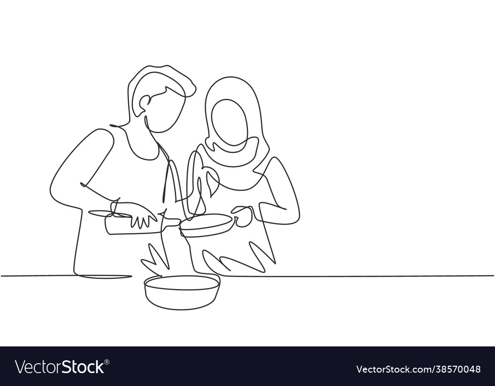 Continuous One Line Drawing Romantic Arab Couple Vector Image
