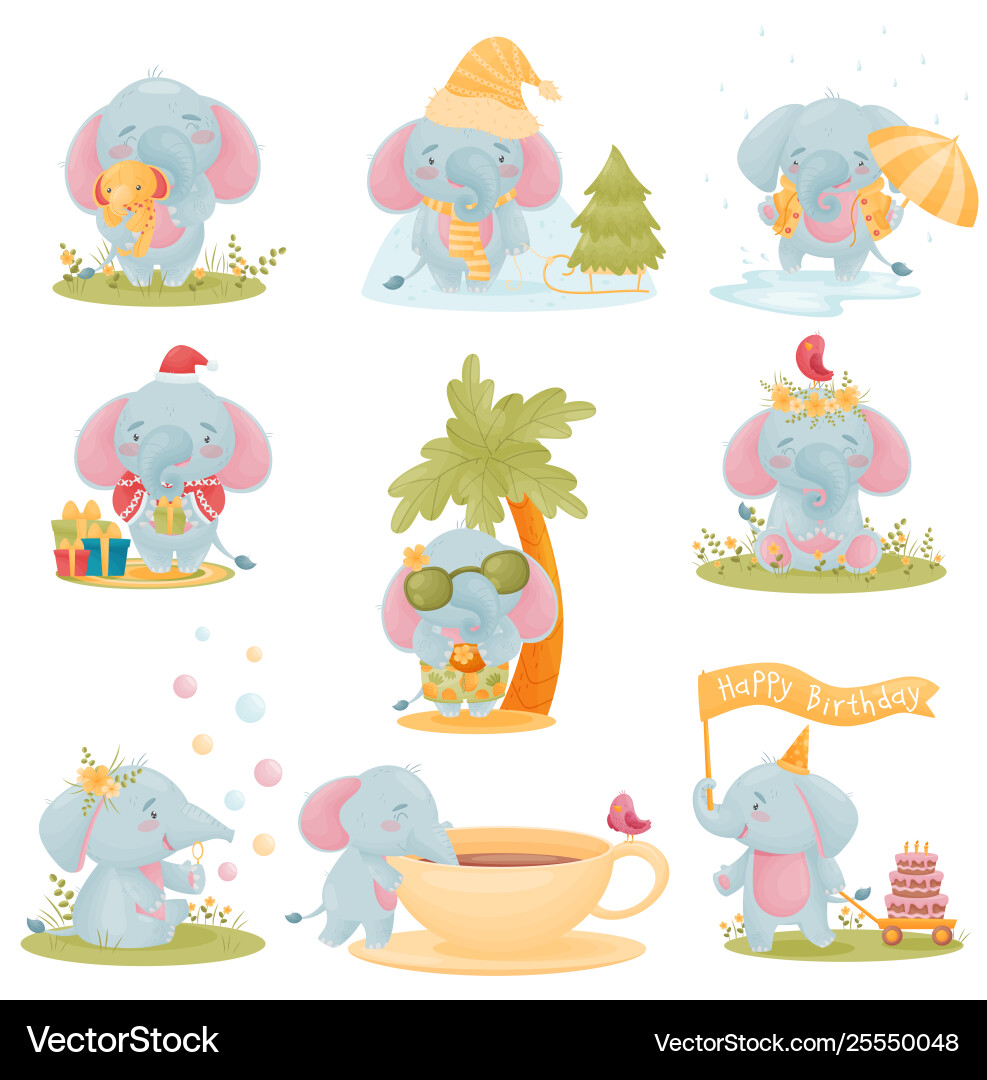 Set cute baby elephants Royalty Free Vector Image