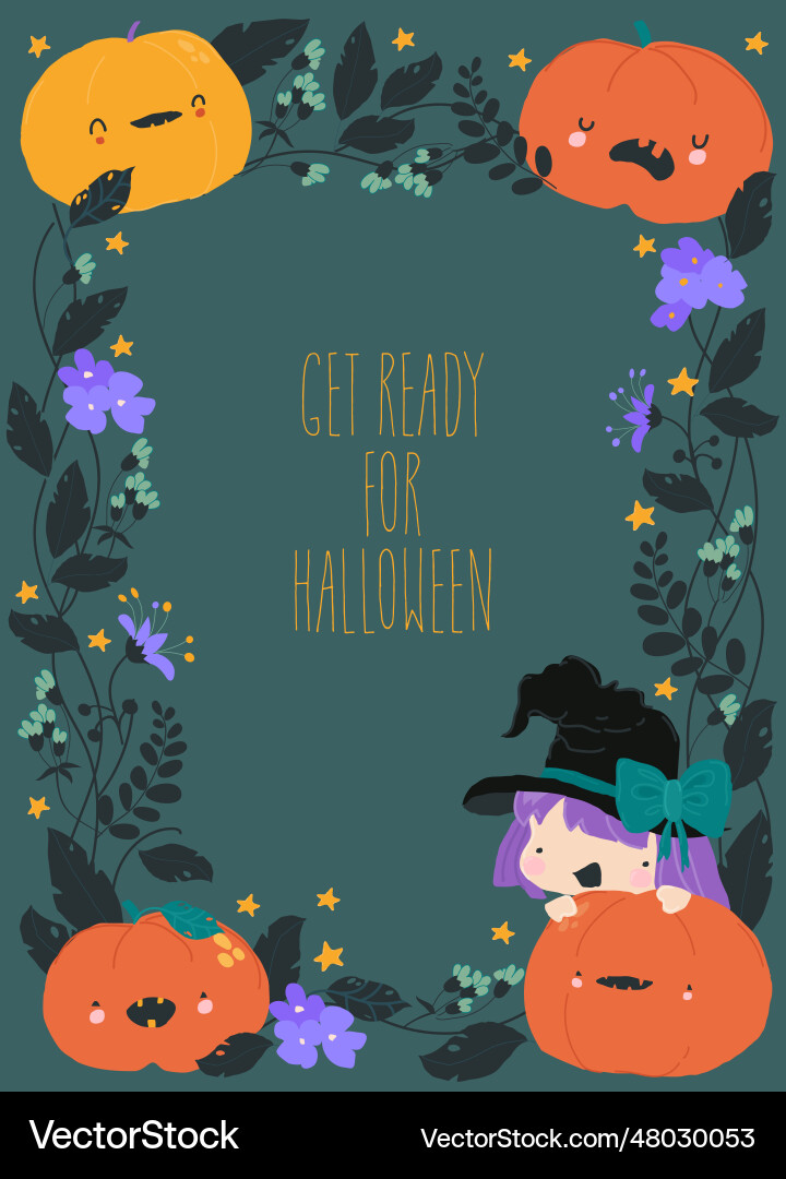 Cute cartoon frame with little witch pumpkins Vector Image