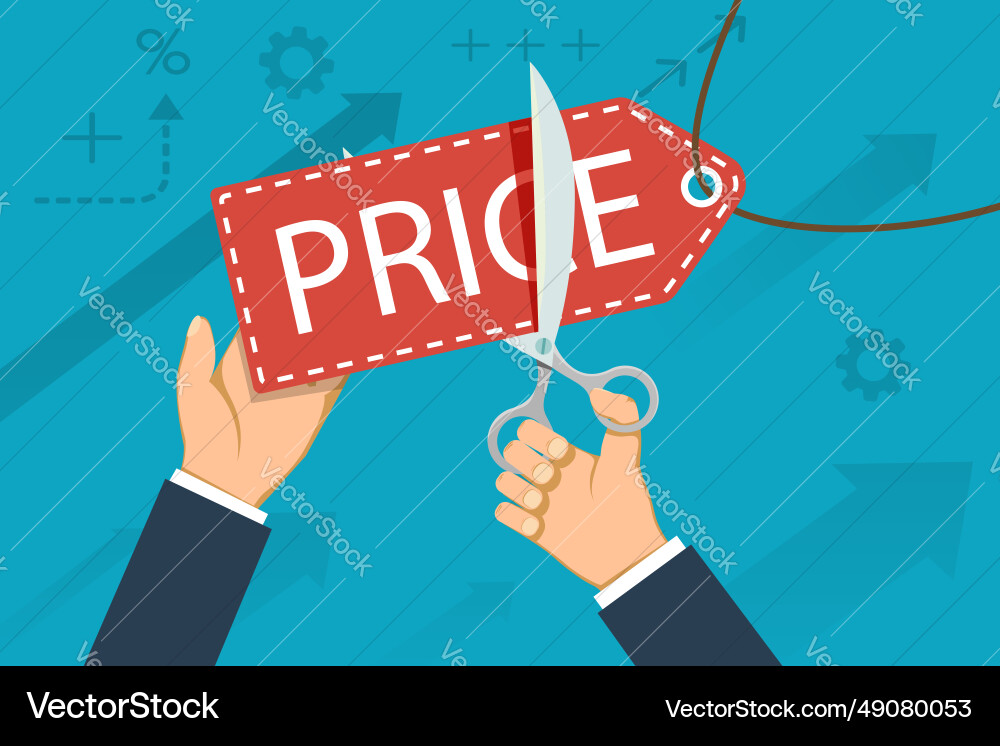 Human hands cutting a price tag with scissors Vector Image