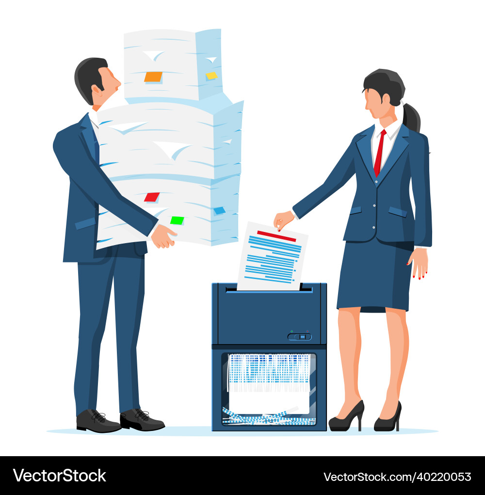 Man and woman office worker shredding documents Vector Image