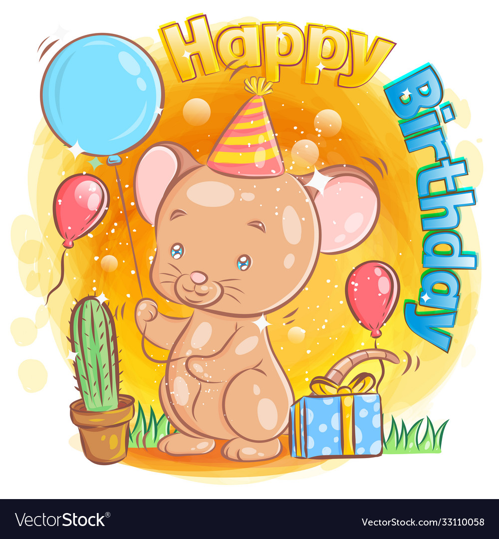 Cute mouse celebrating happy birthday with gift Vector Image