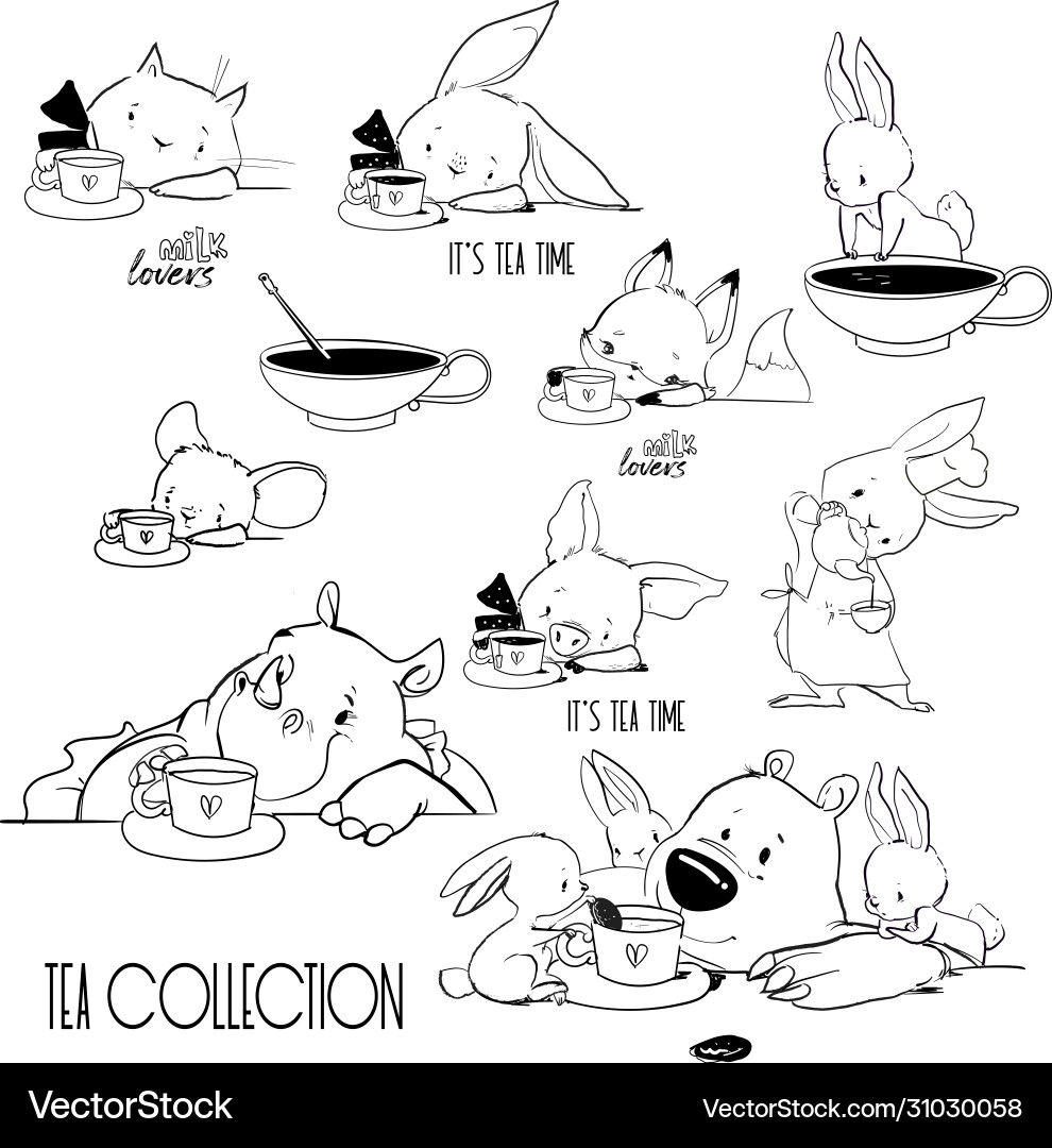 Set with cute lovely animals drinking tea Vector Image