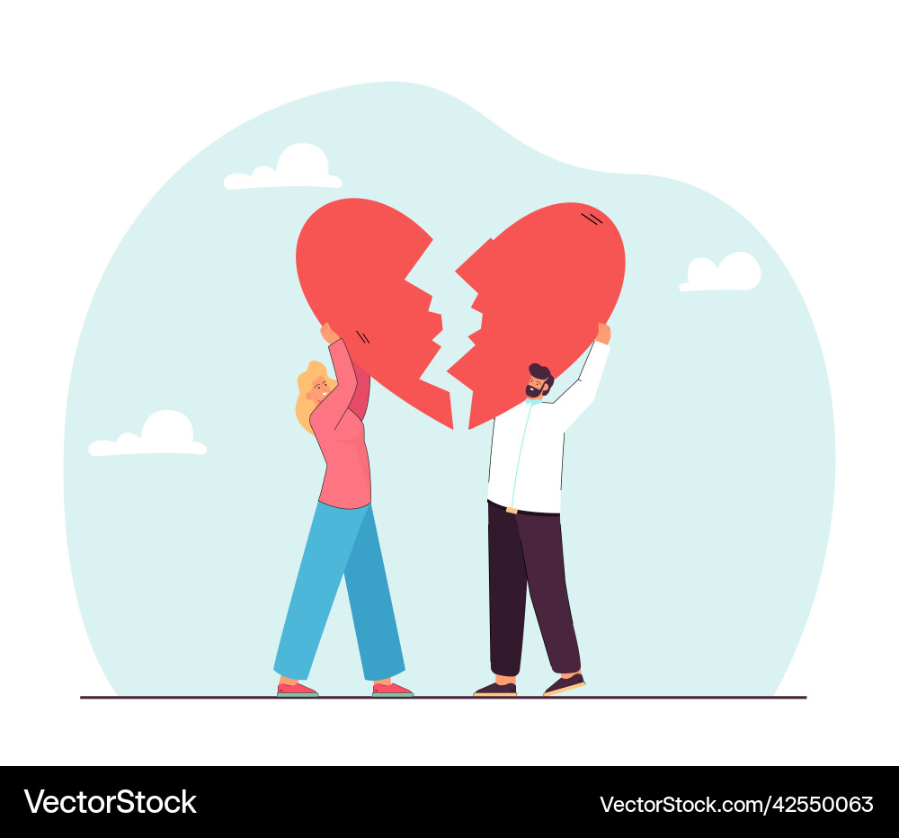 Happy tiny cartoon couple holding two halves Vector Image