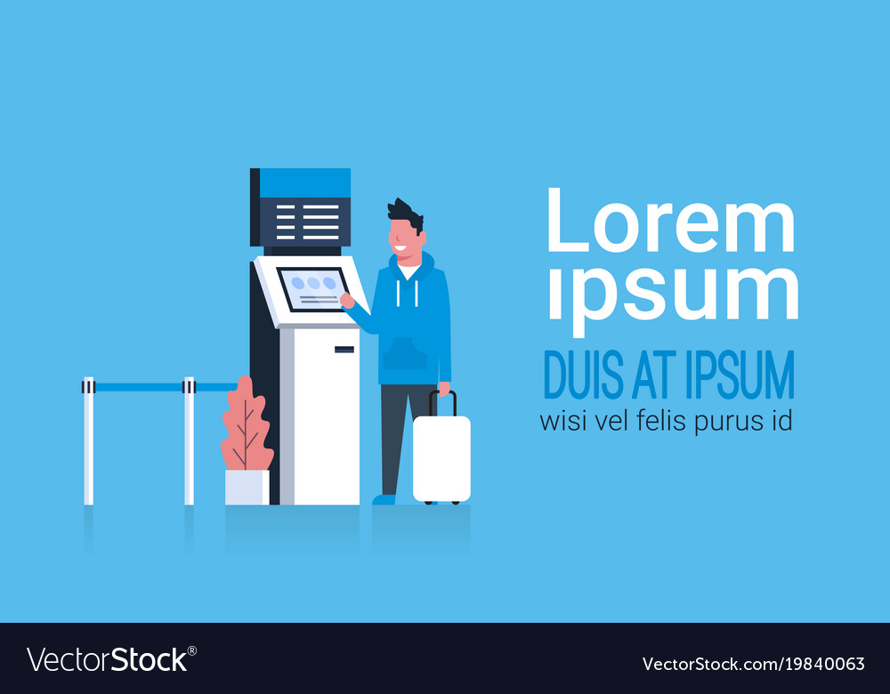 Man with suitcase using queue management system Vector Image