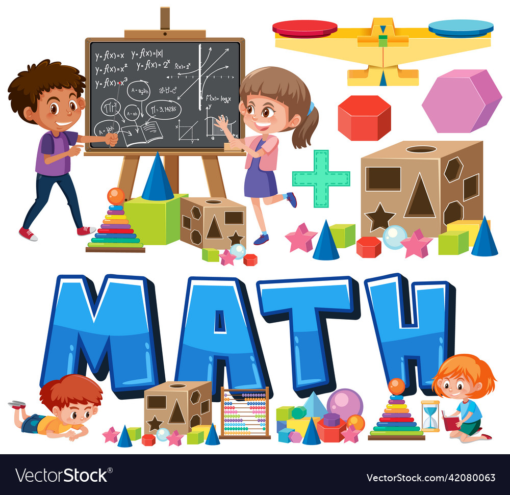 Math classroom objects with supplies and students Vector Image