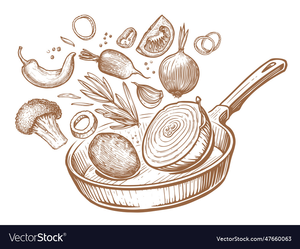 Vegetables Falling Into Frying Pan Healthy Eating Vector Image