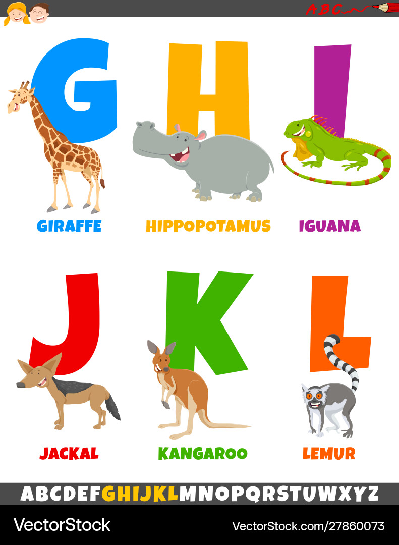 Cartoon alphabet set with comic animal characters Vector Image