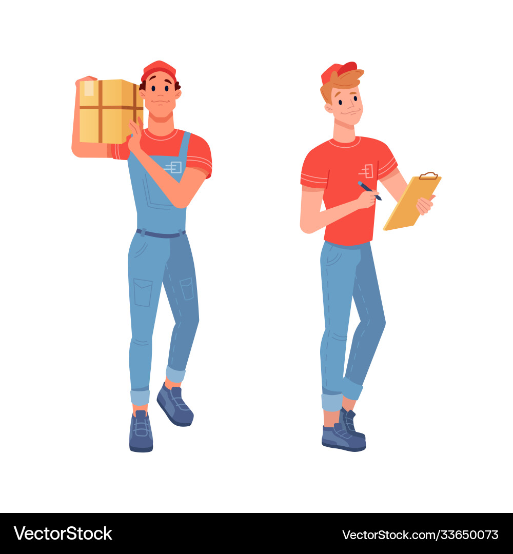 Delivery couriers delivering goods with waybill Vector Image