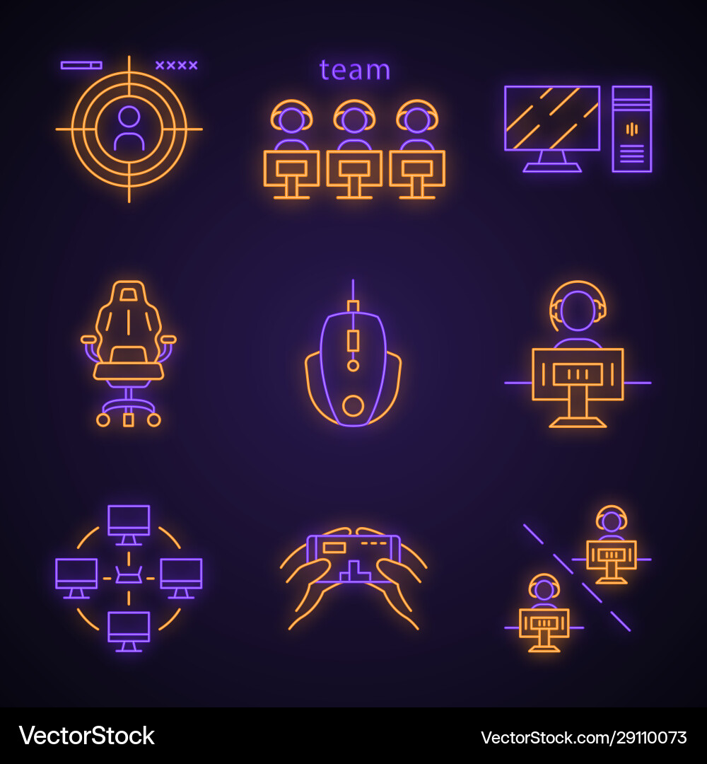 Esports neon light icons set Royalty Free Vector Image
