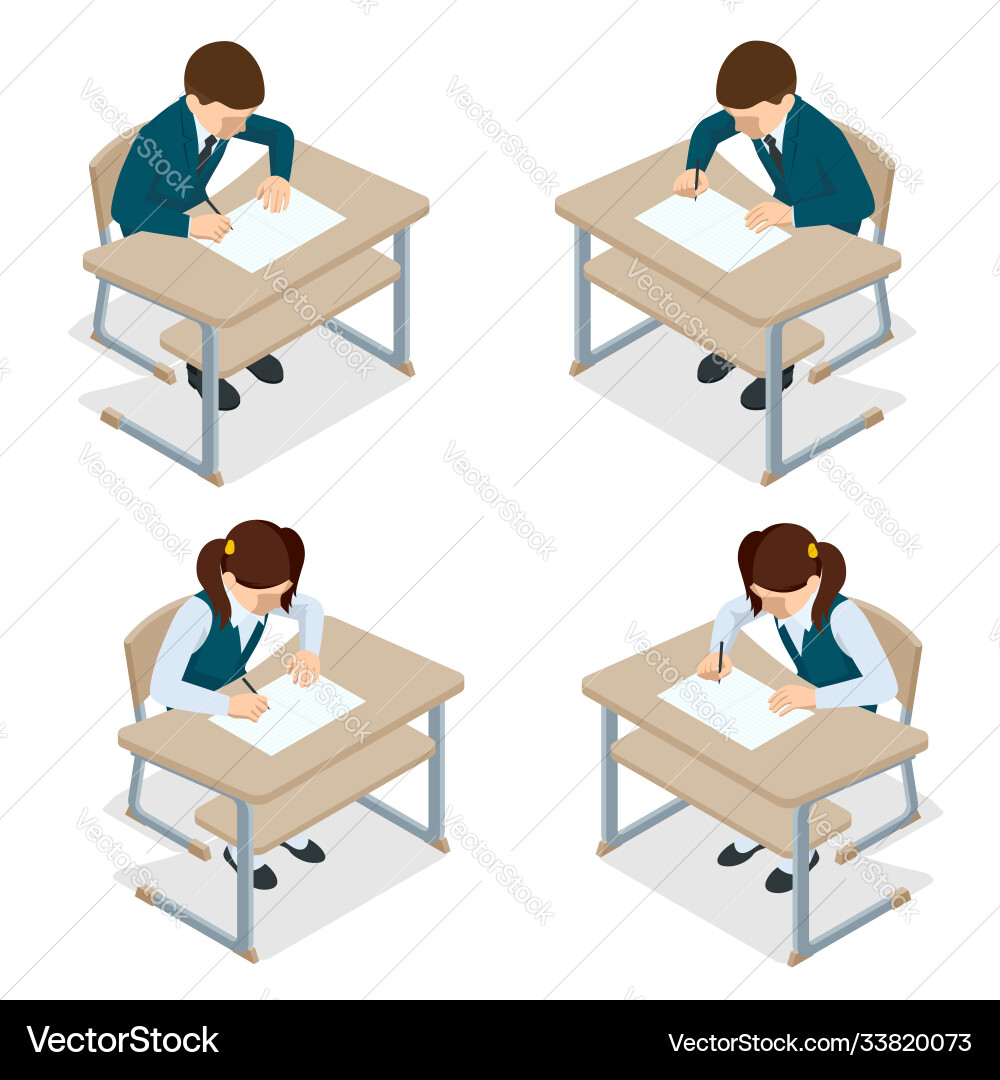 Isometric children at school sit their desks Vector Image