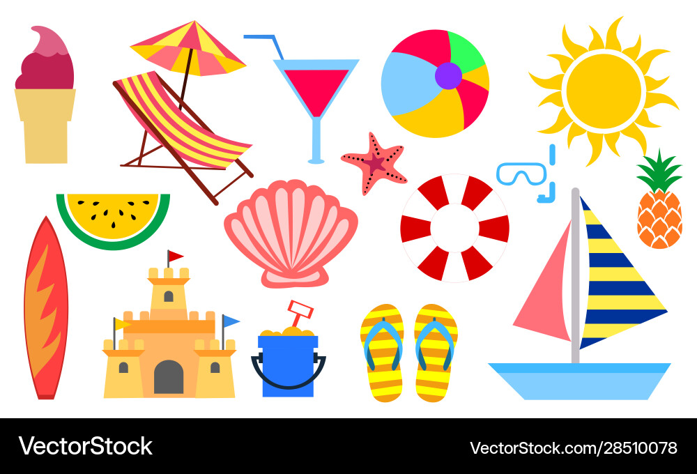 Set summer and vacation elements cute cartoon Vector Image