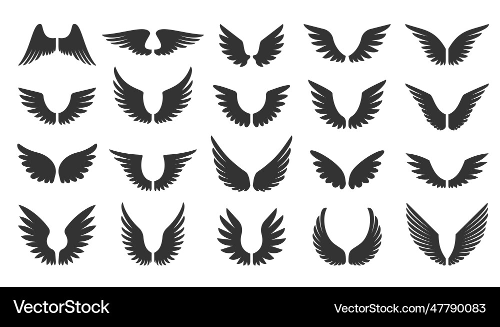 Angel bird wing aviation fly flat black icon set Vector Image