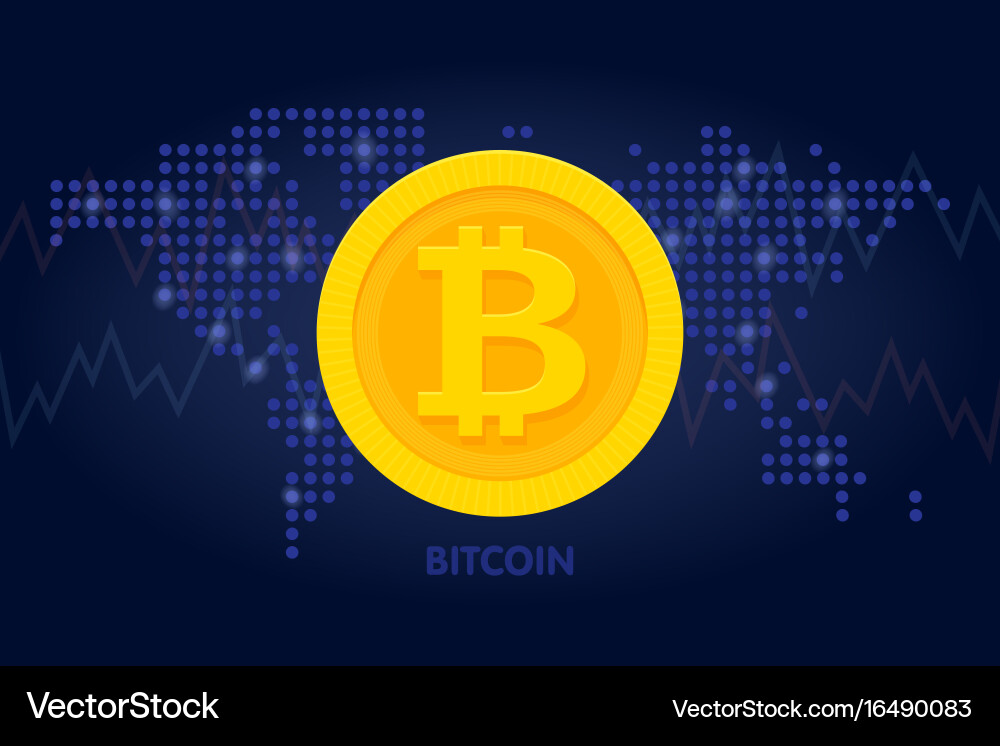 Golden bitcoin icon in world map background Vector Image