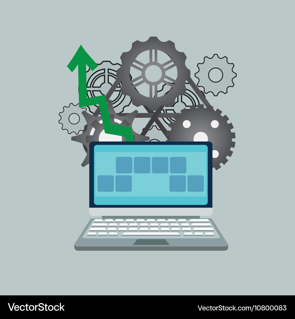 Laptop with gears and arrow image Royalty Free Vector Image