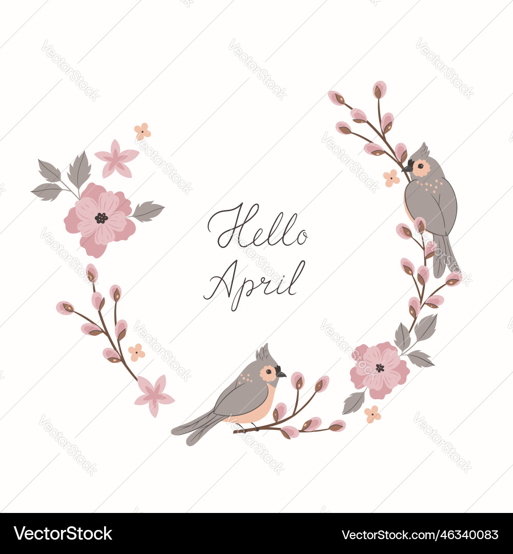 Round spring frame with pink flowers and birds Vector Image