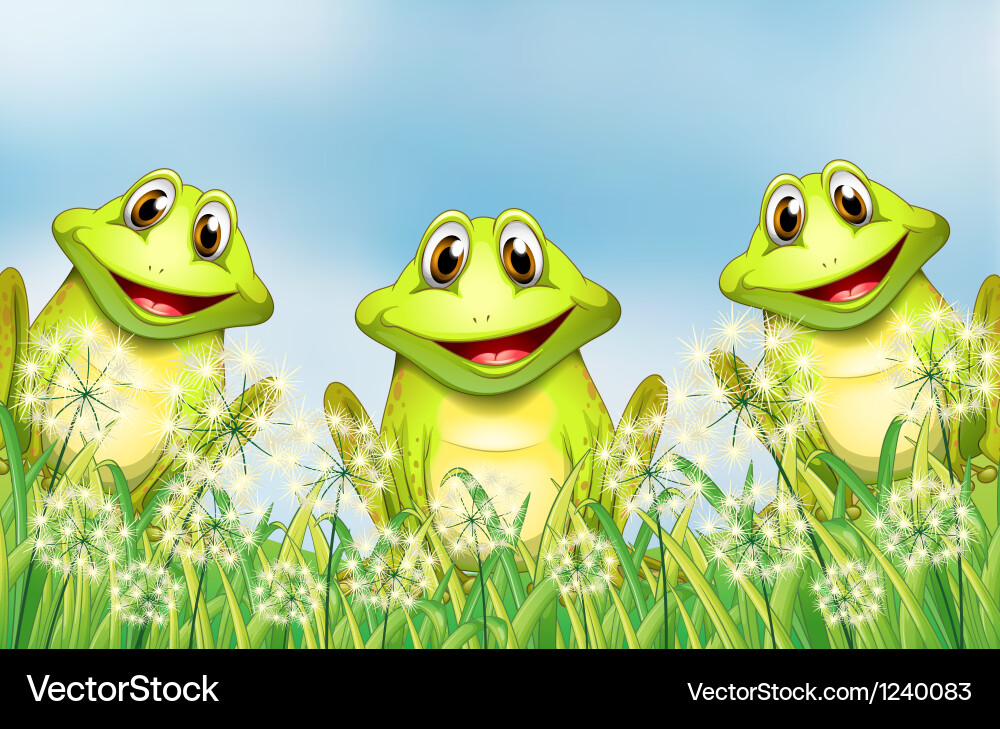 Three happy frogs in the garden Royalty Free Vector Image