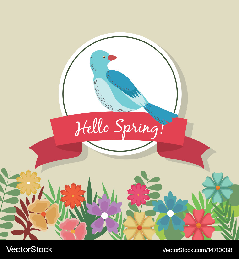 Hello spring greeting card blue bird flowers Vector Image