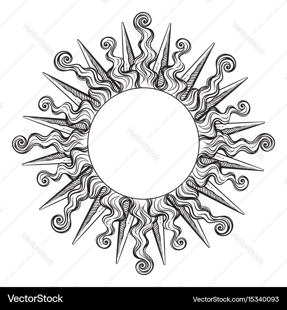 Hand drawn etching style frame in a shape of sun Vector Image