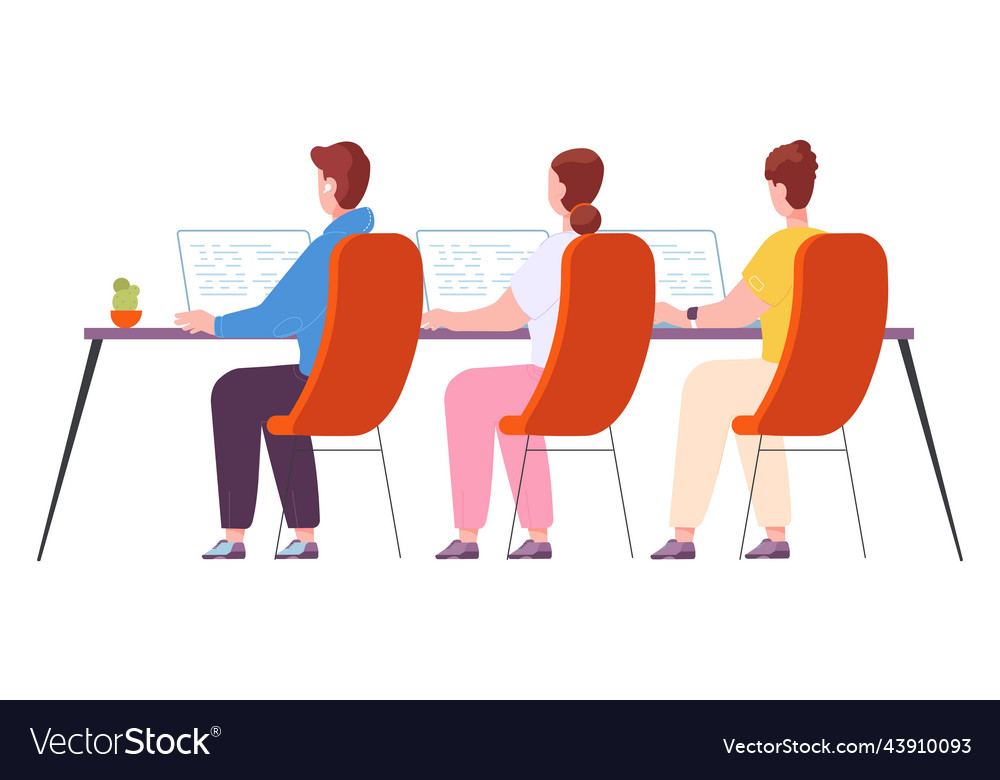 Programmers working at computer desk back view Vector Image